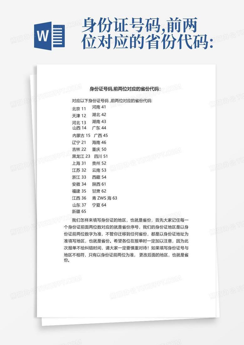 身份证号码 前两位对应的省份代码 Word模板下载 编号lnyxgnjy 熊猫办公