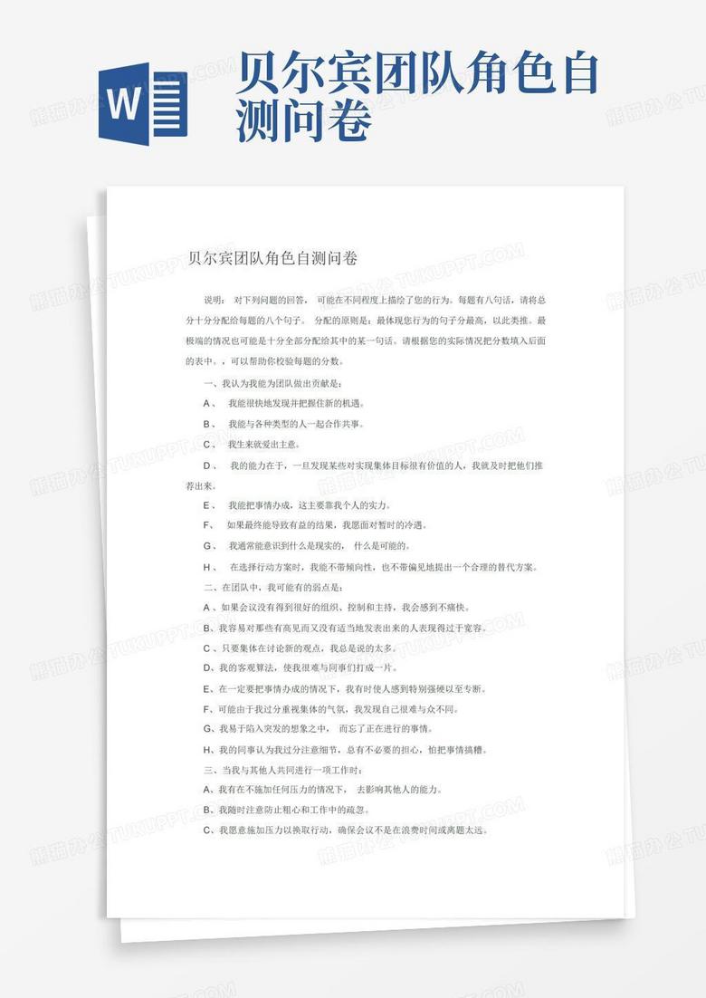 贝尔宾团队角色自测问卷Word模板下载 编号lyjwzpvx 熊猫办公