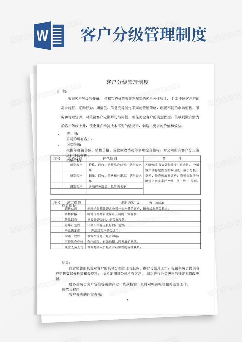 客户分级管理制度Word模板下载 编号lwpekppg 熊猫办公