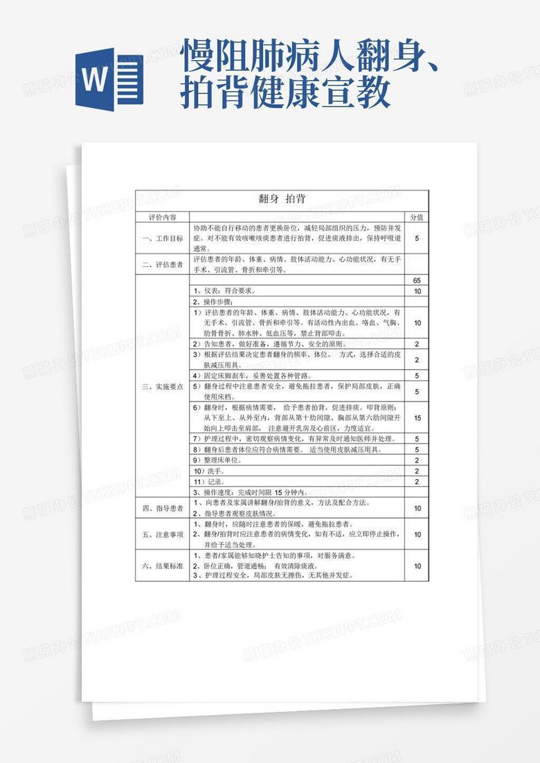 慢阻肺病人翻身拍背健康宣教 Word模板下载 编号ldroembx 熊猫办公