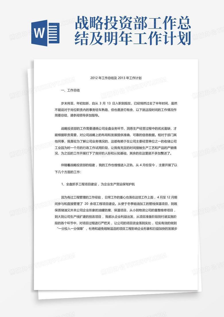战略投资部工作总结及明年工作计划 Word模板下载 编号lwpamopy 熊猫办公
