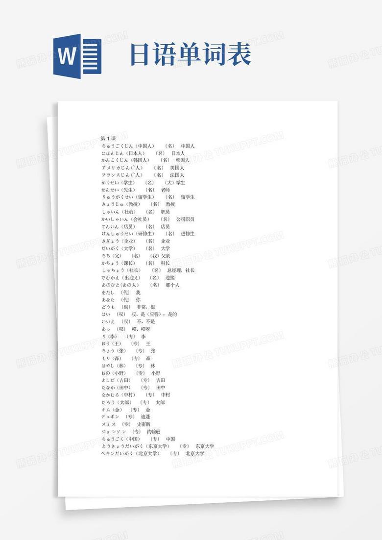 日语单词表Word模板下载 编号lwpabzrx 熊猫办公