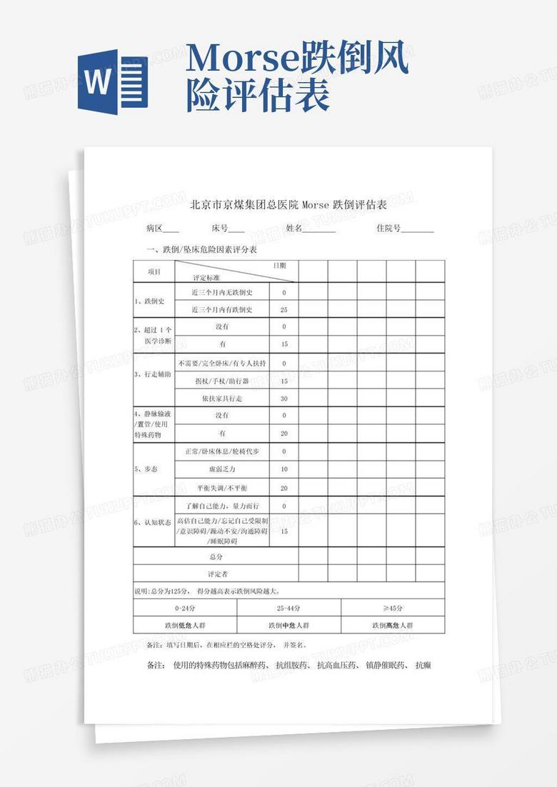 morse跌倒风险评估表Word模板下载 编号lbpjvrwv 熊猫办公