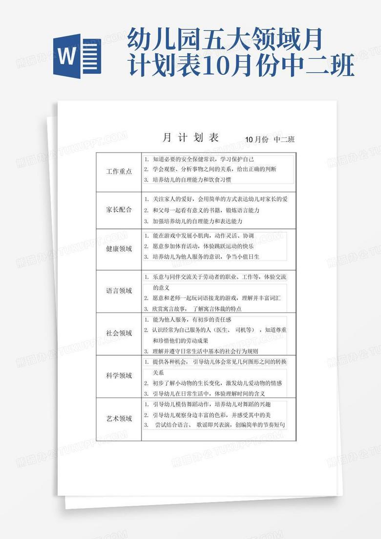 幼儿园五大领域月计划表10月份中二班 Word模板下载 编号lpemveaz 熊猫办公