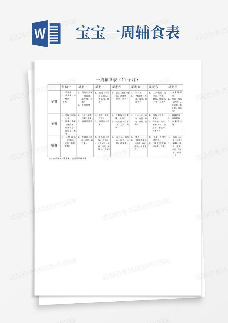 宝宝一周辅食表 Word模板下载 编号lpeyjorn 熊猫办公