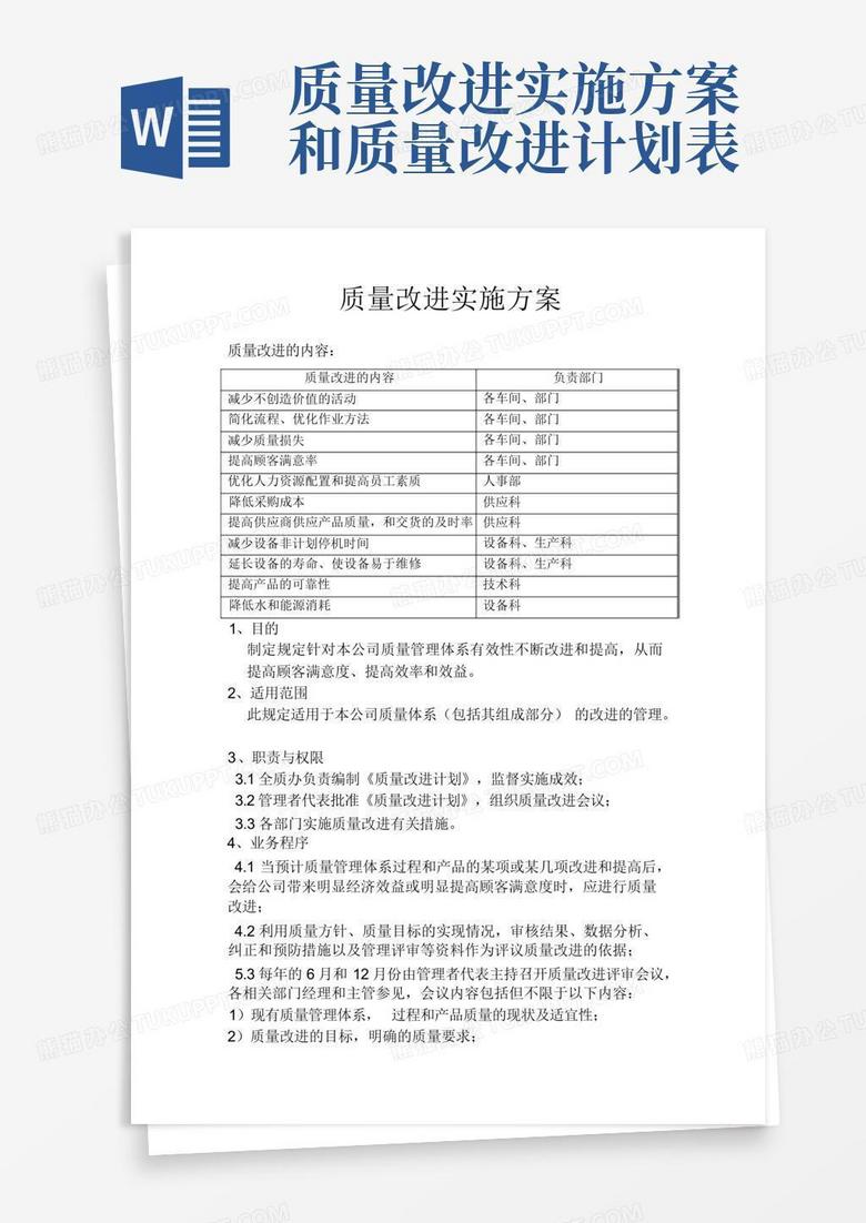 质量改进实施方案和质量改进计划表 Word模板下载 编号lwperowe 熊猫办公