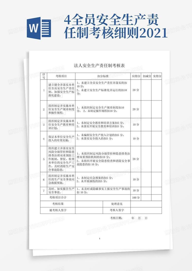 4全员安全生产责任制考核细则 2021Word模板下载 编号qdrjawdz 熊猫办公