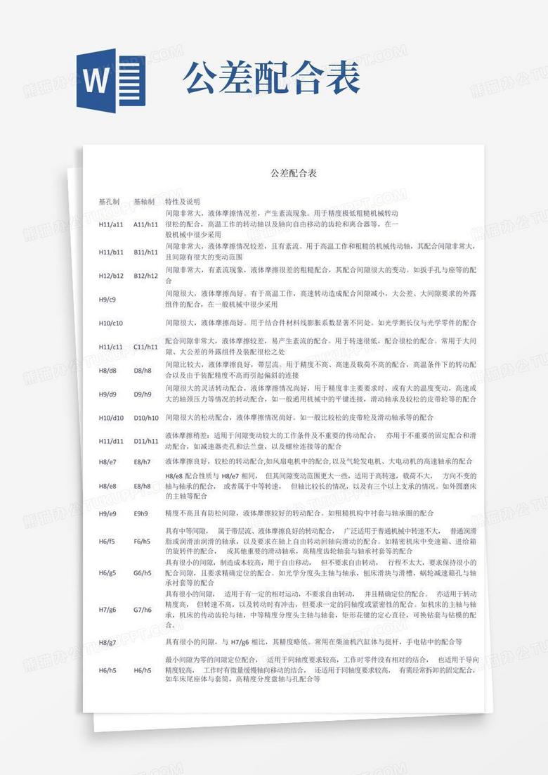 公差配合表Word模板下载 编号lxxyeayg 熊猫办公