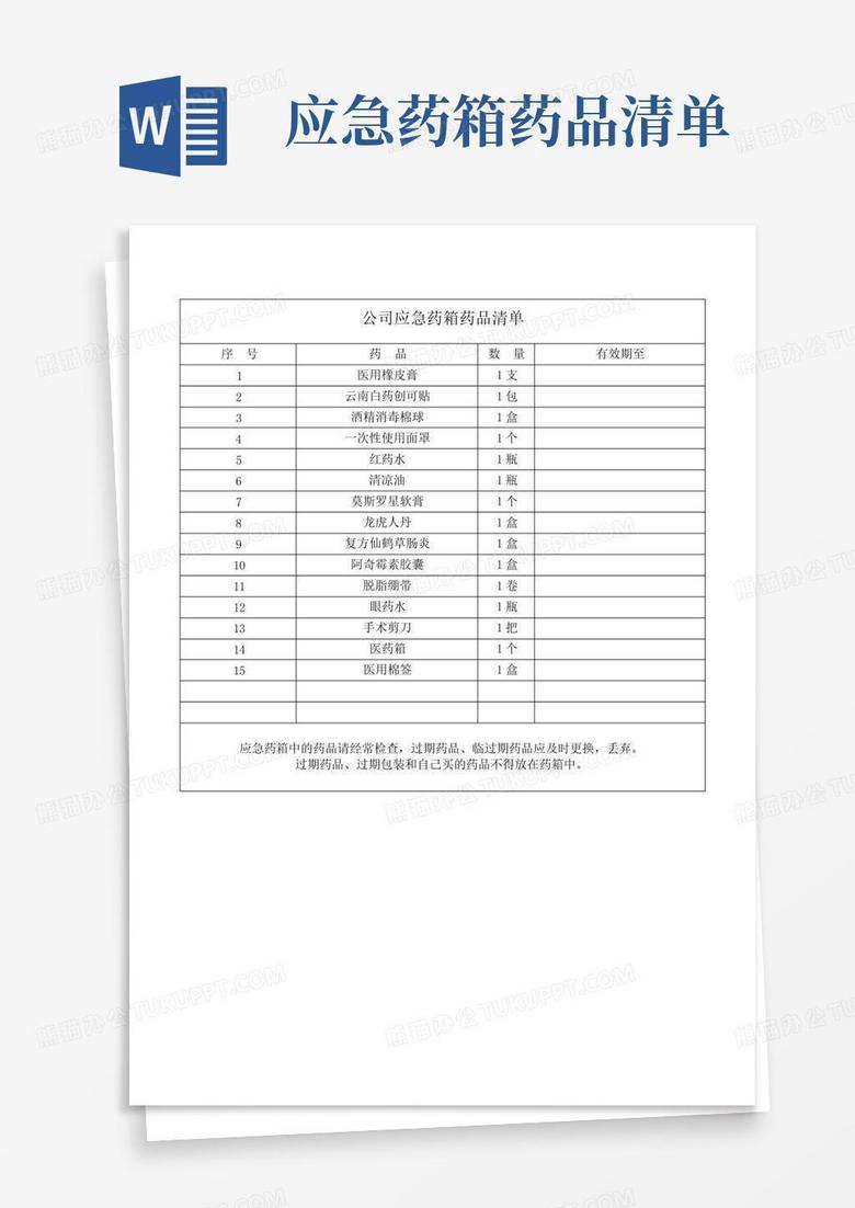 应急药箱药品清单Word模板下载 编号qoegjkmr 熊猫办公