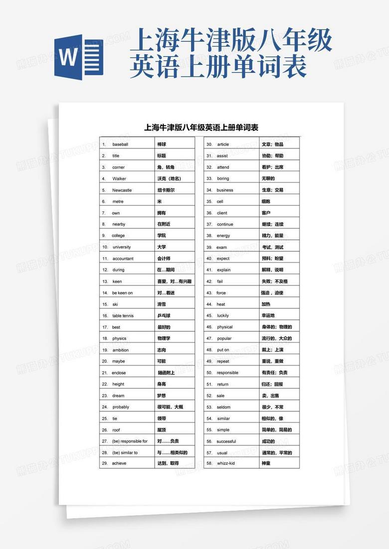 上海牛津版八年级英语上册单词表Word模板下载 编号lxxymykk 熊猫办公