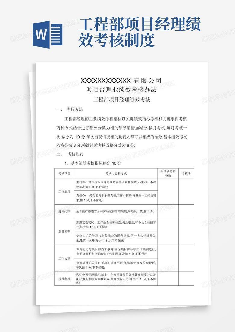 工程部项目经理绩效考核制度Word模板下载 编号qdrjpezx 熊猫办公