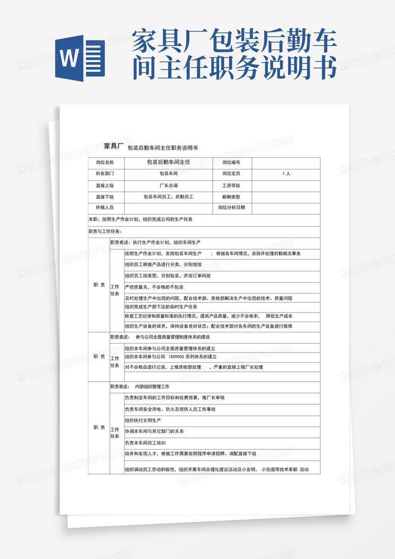 家具厂包装后勤车间主任职务说明书 Word模板下载 编号qpeyvakb 熊猫办公