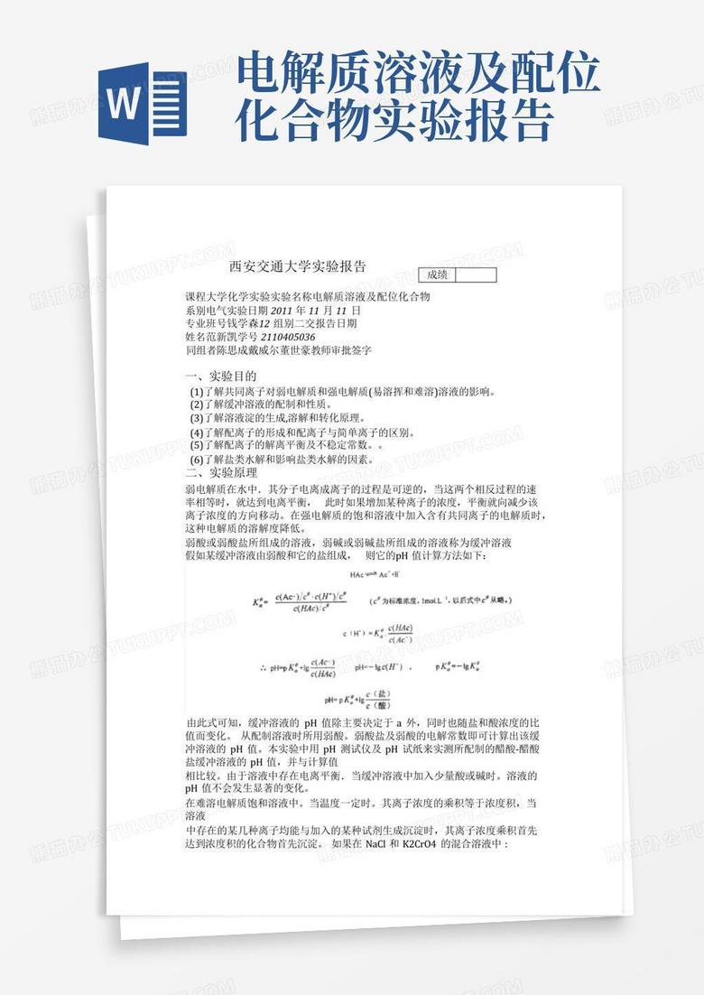 电解质溶液及配位化合物实验报告Word模板下载 编号lerabrmx 熊猫办公