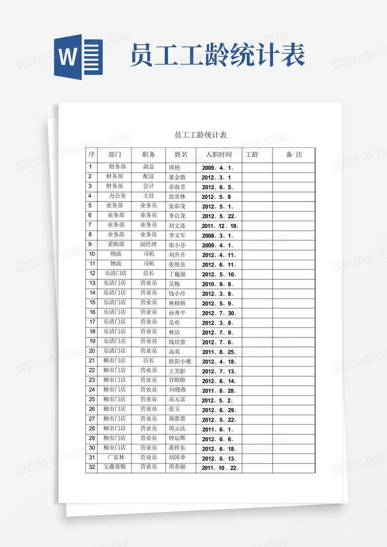 员工工龄统计表 Word模板下载 编号loexgyjk 熊猫办公