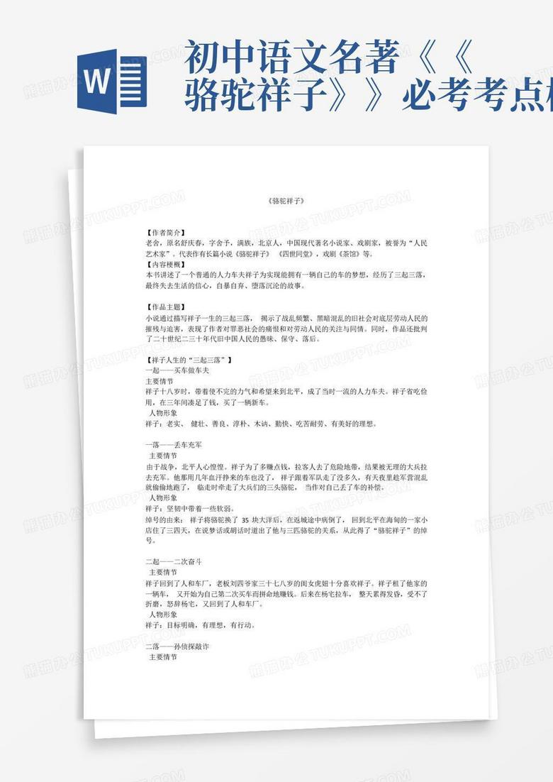 初中语文名著骆驼祥子必考考点概览Word模板下载 编号qawmkmyn 熊猫办公