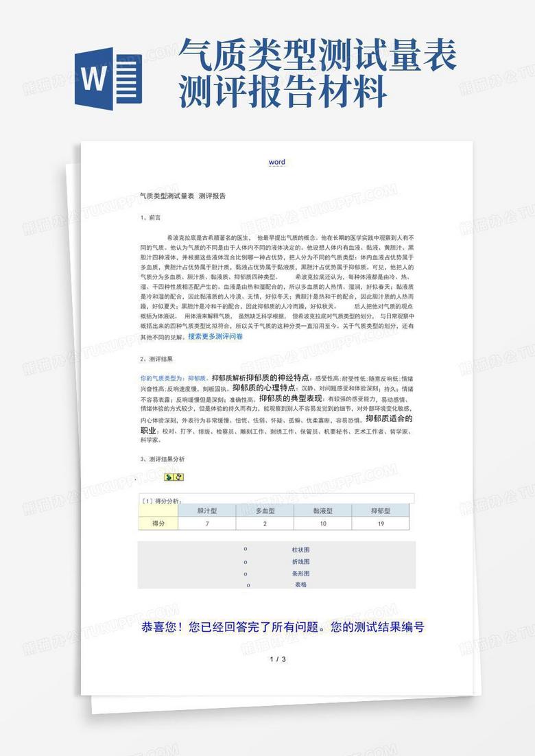气质类型测试量表测评报告材料Word模板下载 编号lnymkkxy 熊猫办公