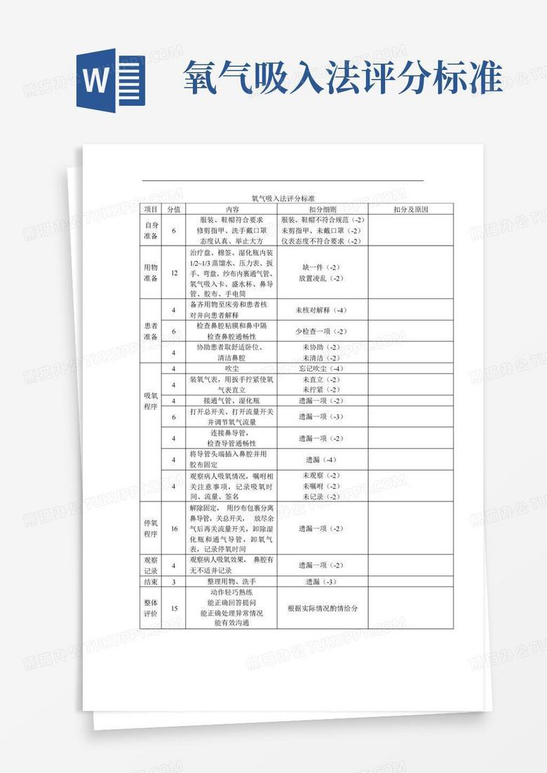 氧气吸入法评分标准Word模板下载 编号qjweyrgb 熊猫办公