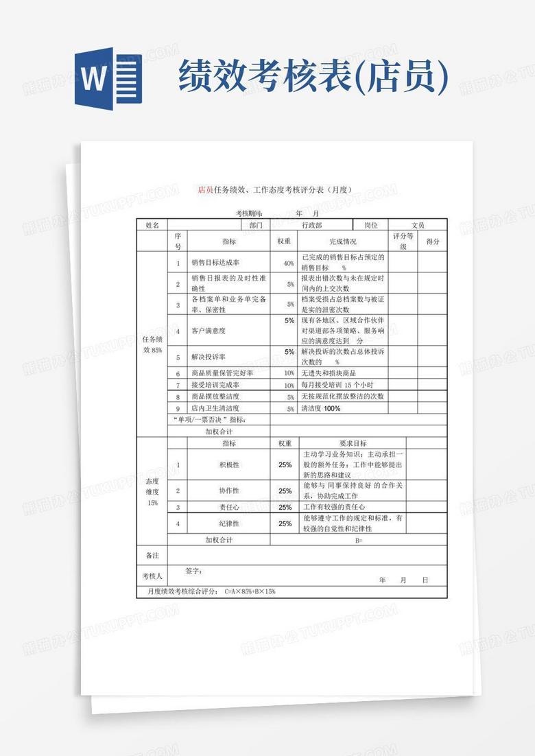 绩效考核表 店员 Word模板下载 编号qxxeorez 熊猫办公