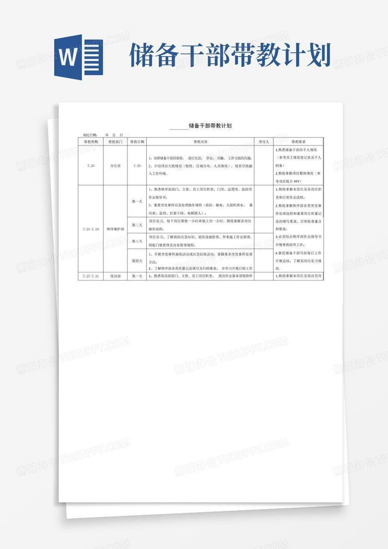 储备干部带教计划 Word模板下载 编号qvvrjewk 熊猫办公