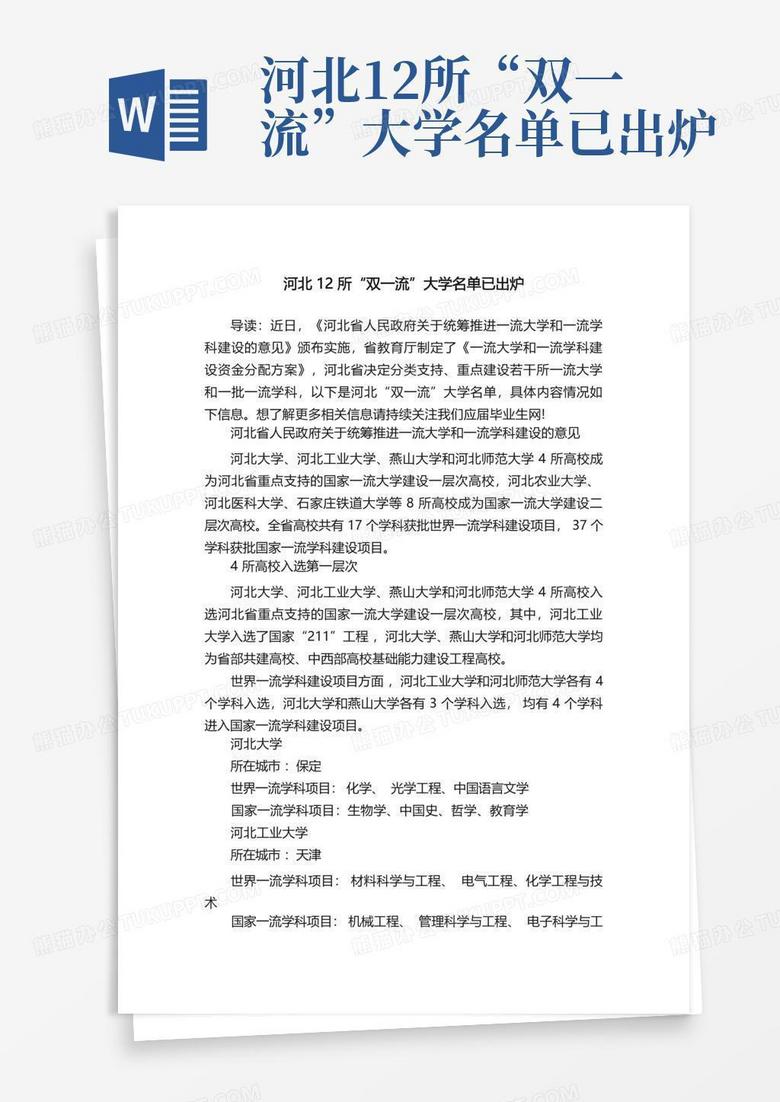 河北12所双一流大学名单已出炉Word模板下载 编号qawyydad 熊猫办公