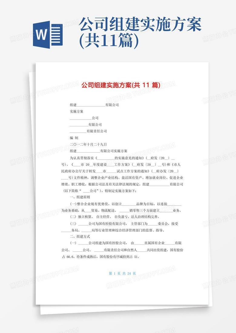 公司组建实施方案 共11篇 Word模板下载 编号qbpyvedx 熊猫办公
