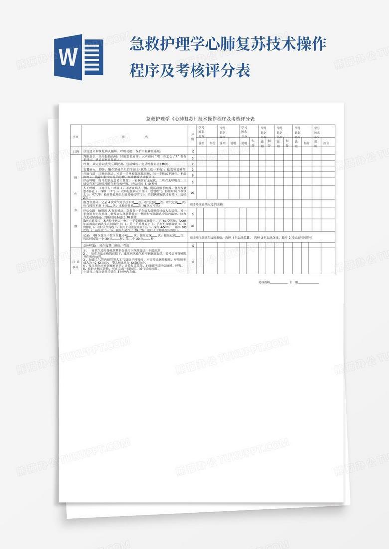 急救护理学心肺复苏技术操作程序及考核评分表Word模板下载 编号lyjeoaym 熊猫办公