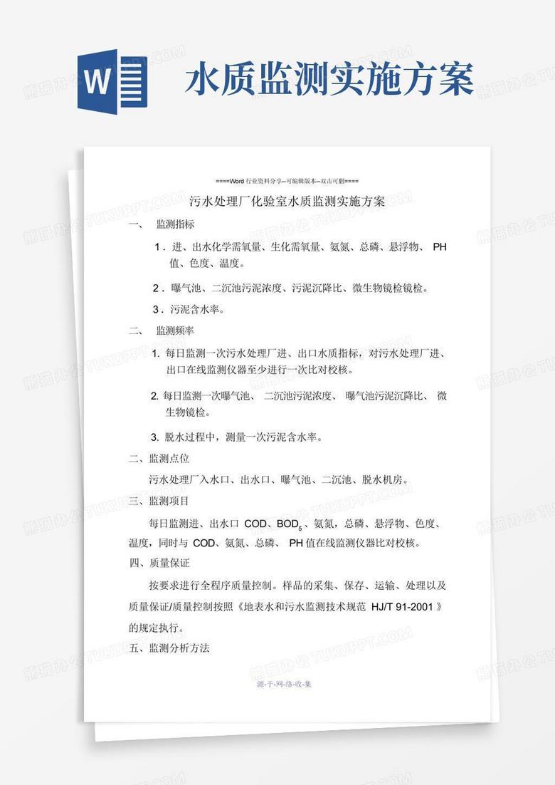 水质监测实施方案Word模板下载 编号lrgzndrp 熊猫办公