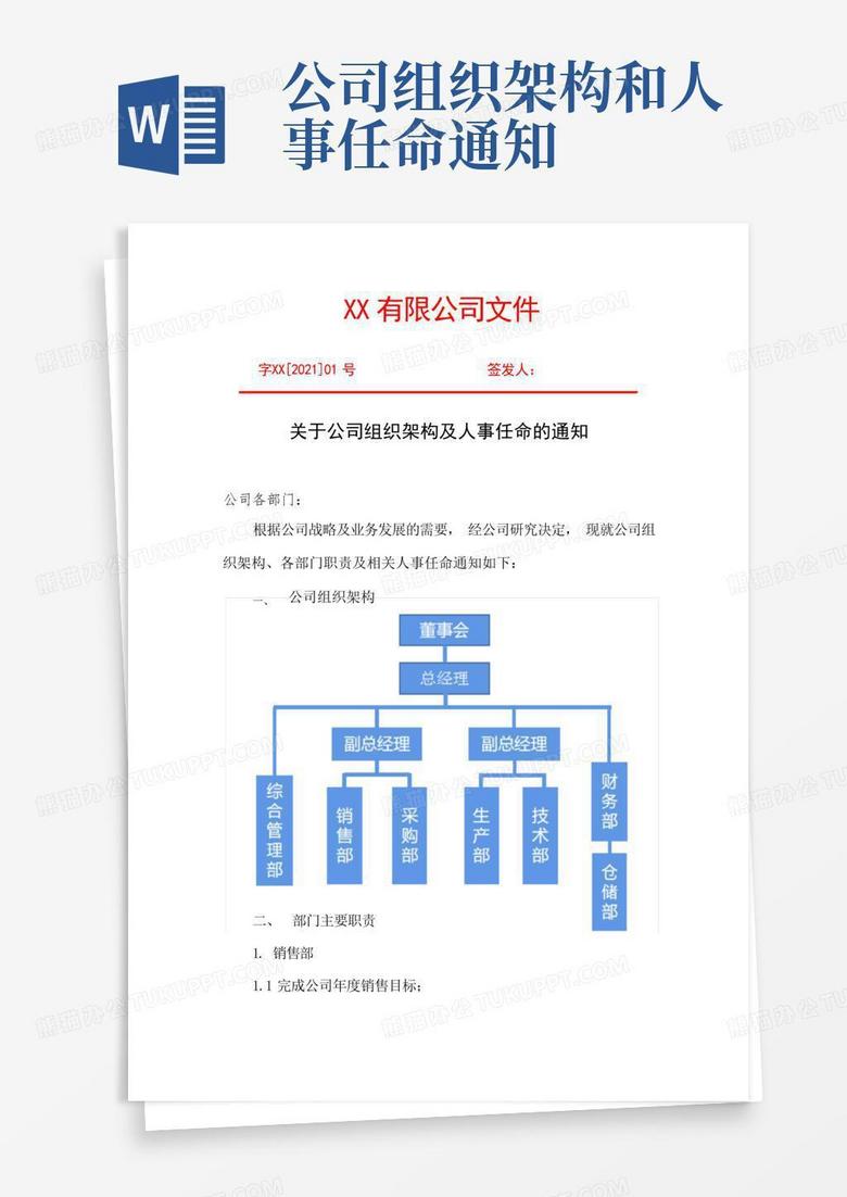 公司组织架构和人事任命通知 Word模板下载 编号loemwxdn 熊猫办公