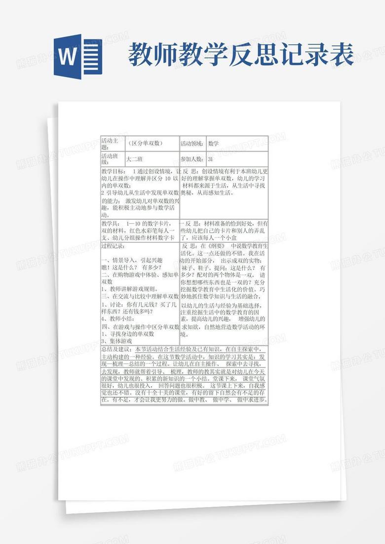 教师教学反思记录表 Word模板下载 编号qnorgxjg 熊猫办公