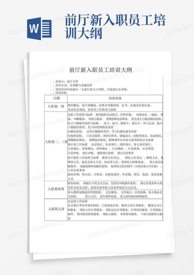 前厅新入职员工培训大纲 Word模板下载 编号qvedxdxo 熊猫办公