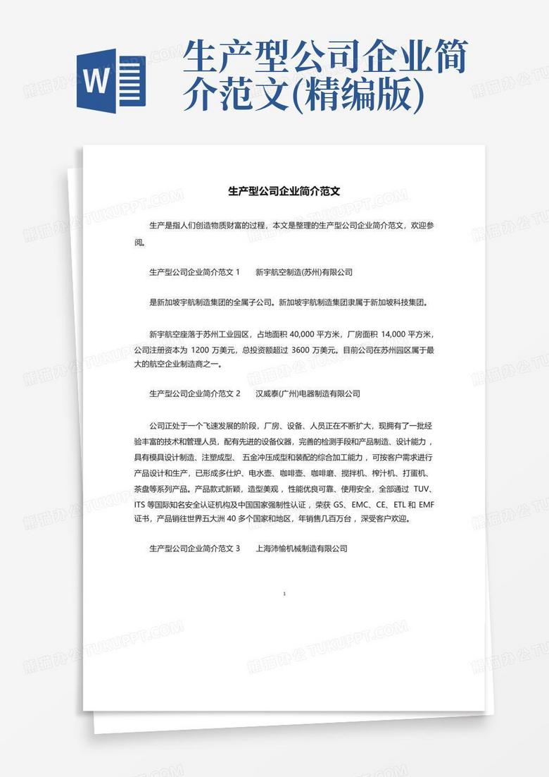 生产型公司企业简介范文 精编版 Word模板下载 编号lmmdzbox 熊猫办公