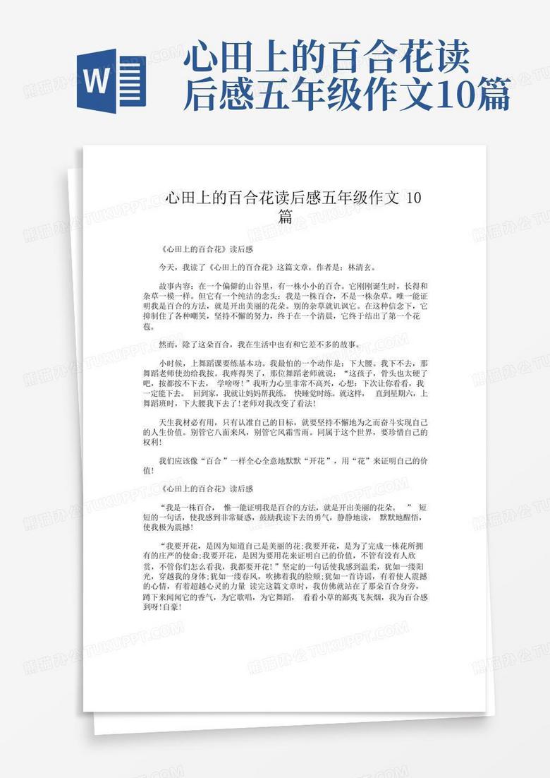 心田上的百合花读后感五年级作文10篇 Word模板下载 编号lveogarp 熊猫办公