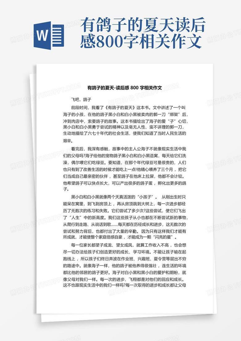 有鸽子的夏天 读后感800字相关作文 Word模板下载 编号qypmagzb 熊猫办公