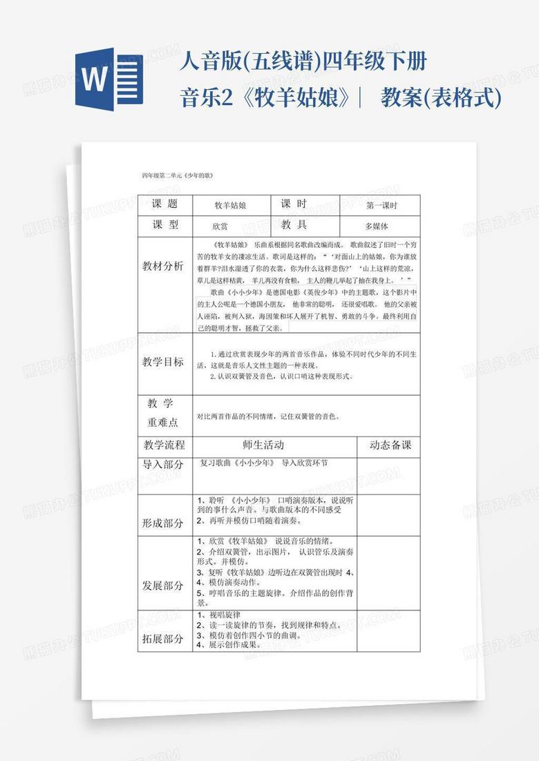 人音版 五线谱 四年级下册音乐2牧羊姑娘教案 表格式 Word模板下载 编号lrkggbxd 熊猫办公
