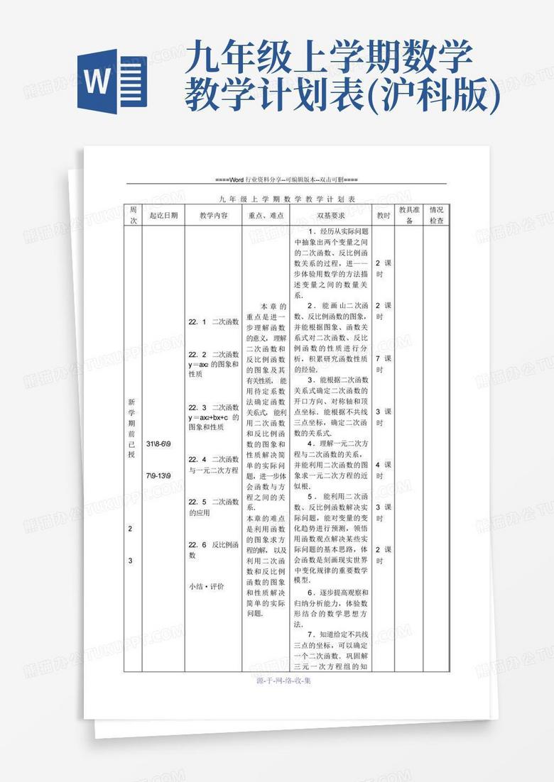 九年级上学期数学教学计划表 沪科版 Word模板下载 编号ljbbvwpb 熊猫办公