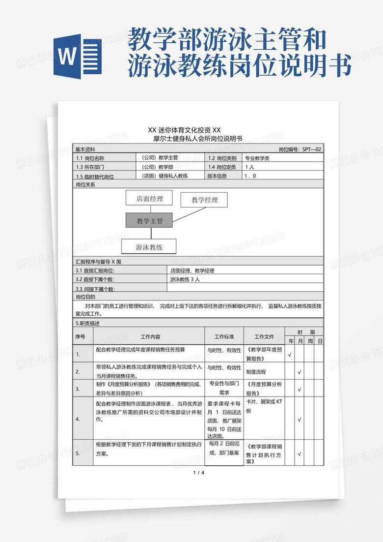 教学部游泳主管和游泳教练岗位说明书 Word模板下载 编号lgoonkjk 熊猫办公