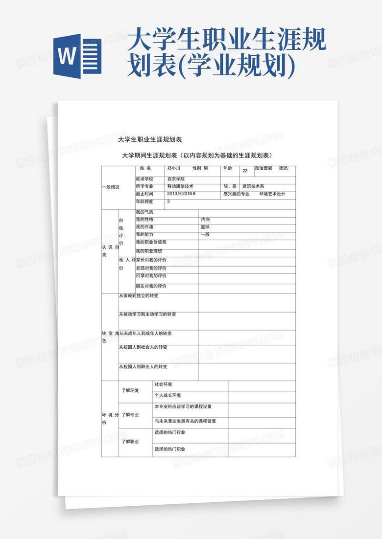 大学生职业生涯规划表 学业规划 Word模板下载 编号qxwwdadk 熊猫办公