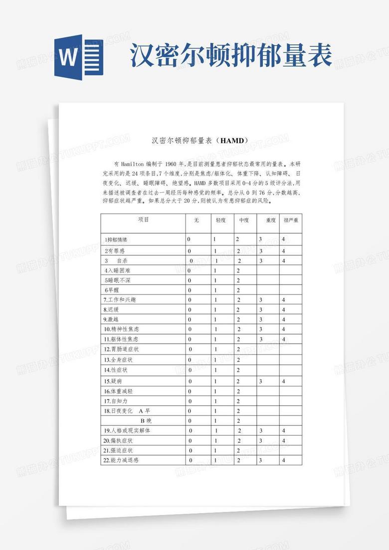 汉密尔顿抑郁量表Word模板下载 编号lpddepwd 熊猫办公
