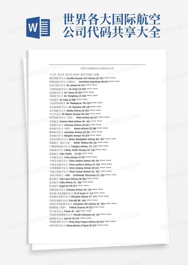 世界各大国际航空公司代码共享大全 Word模板下载 编号lgomwwzg 熊猫办公