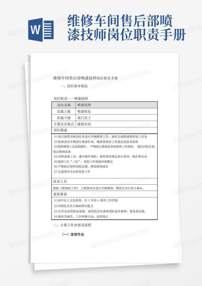 维修车间售后部喷漆技师岗位职责手册 Word模板下载 编号lgoxwvge 熊猫办公