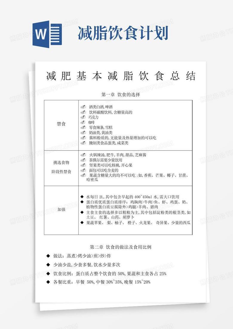 减脂饮食计划 Word模板下载 编号qazmvbrr 熊猫办公