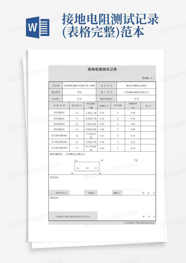 接地电阻测试记录 表格完整 范本 Word模板下载 编号qozkxekg 熊猫办公