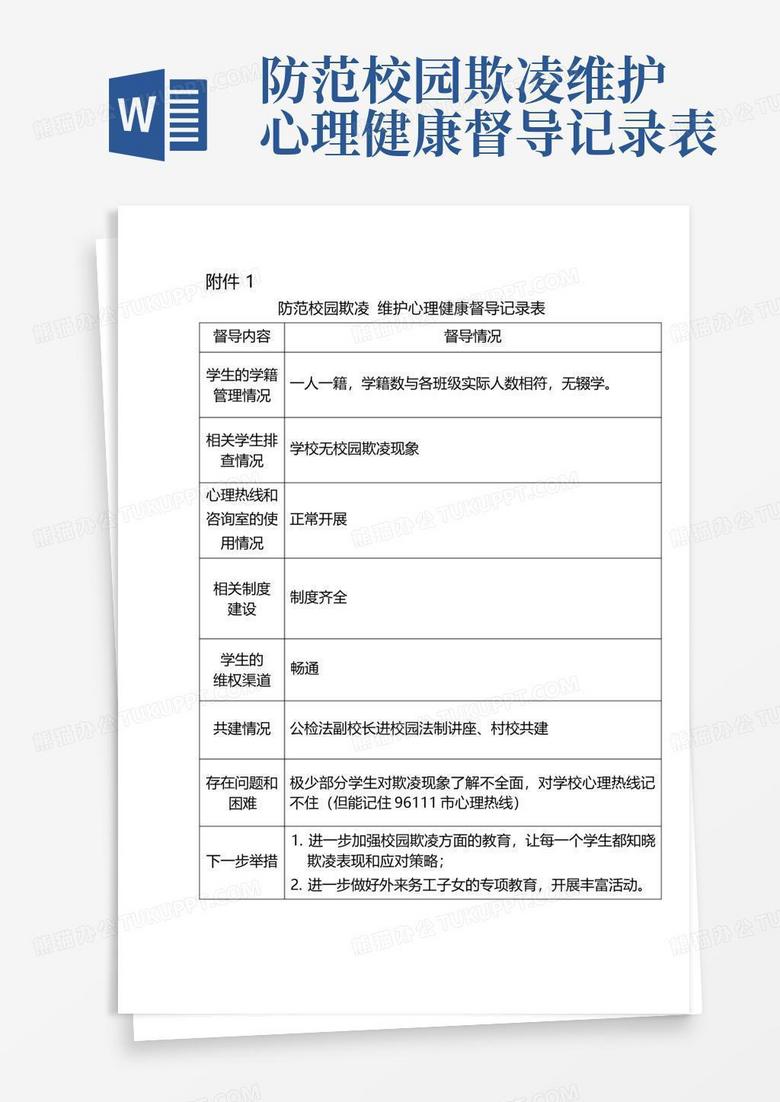 防范校园欺凌维护心理健康督导记录表 Word模板下载 编号lknnmddx 熊猫办公