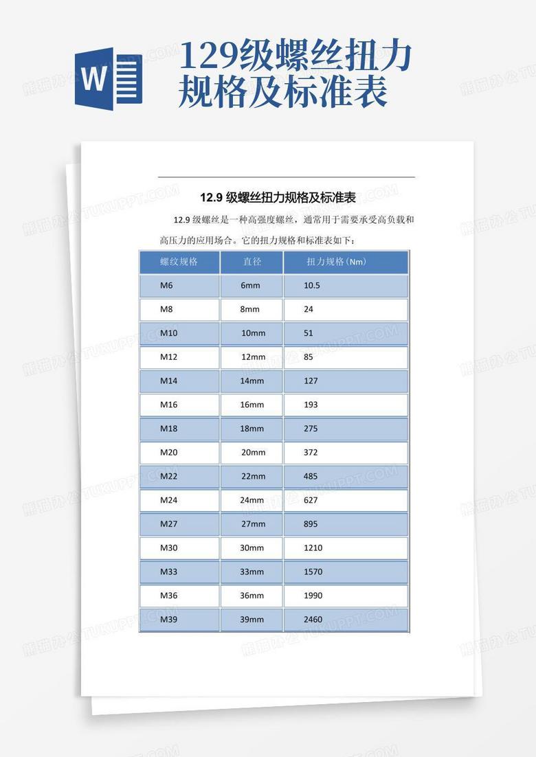 12 9级螺丝扭力规格及标准表Word模板下载 编号lknnakoy 熊猫办公