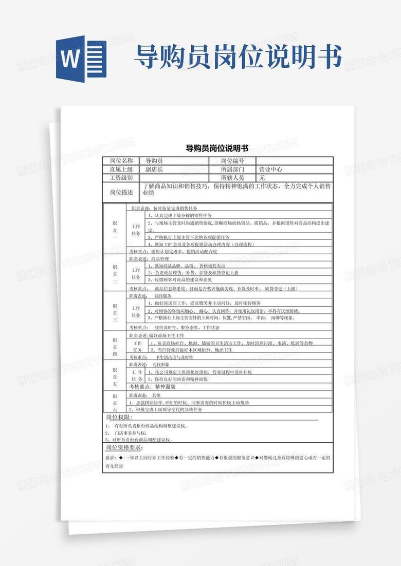 导购员岗位说明书 Word模板下载 编号qjjgnawe 熊猫办公