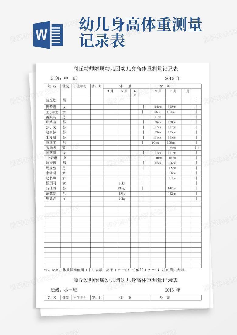 幼儿身高体重测量记录表 Word模板下载 编号qejzmjvo 熊猫办公