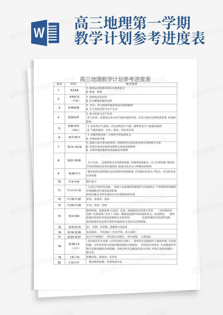 高三地理第一学期教学计划参考进度表 Word模板下载 编号lwnagkyj 熊猫办公