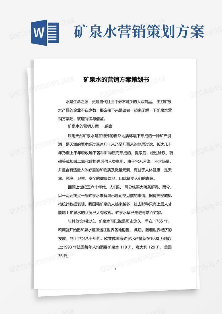 好用的矿泉水的营销方案策划书Word模板下载 编号qbyazrdl 熊猫办公