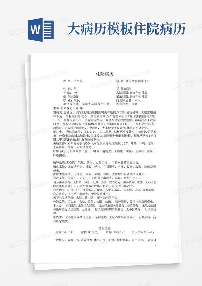 大病历 住院病历Word模板下载 编号ladokmaj 熊猫办公