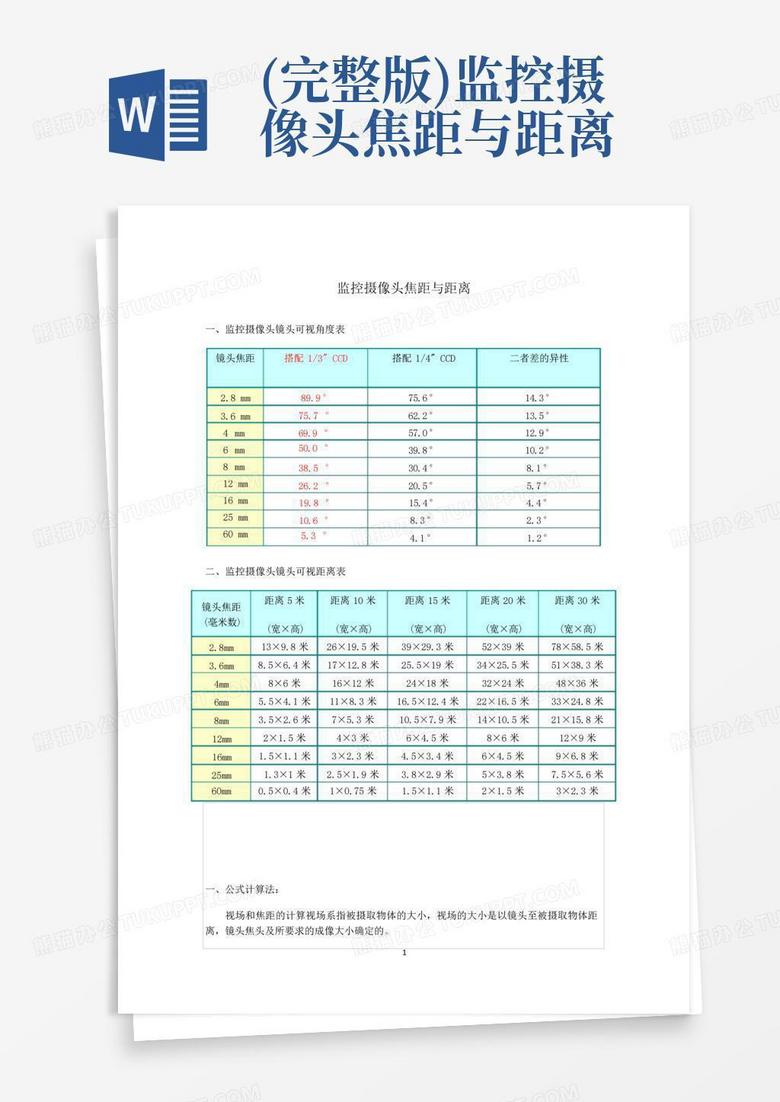 完整版 监控摄像头焦距与距离Word模板下载 编号qvgomddk 熊猫办公